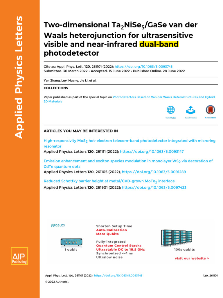2022 APL 二维Ta2NiSe5 GaSe范德Waals异质结用于超灵敏可见光和近红外双波段光电探测器 | PDF | Infrared ...