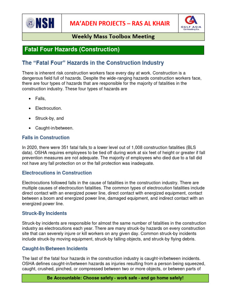 TBT - FATAL FOUR HAZARDS (Construction) | PDF | Occupational Safety And ...