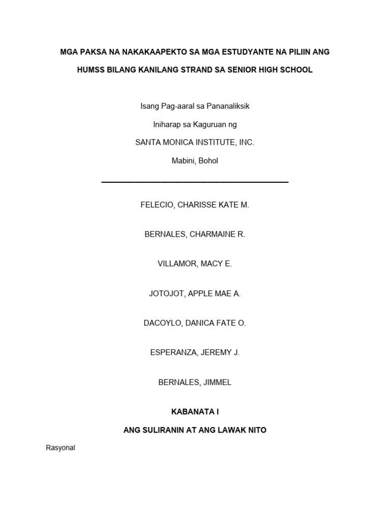 Mga Paksa Na Nakakaapekto Sa Mga Estudyante Na Piliin Ang Humss Bilang ...