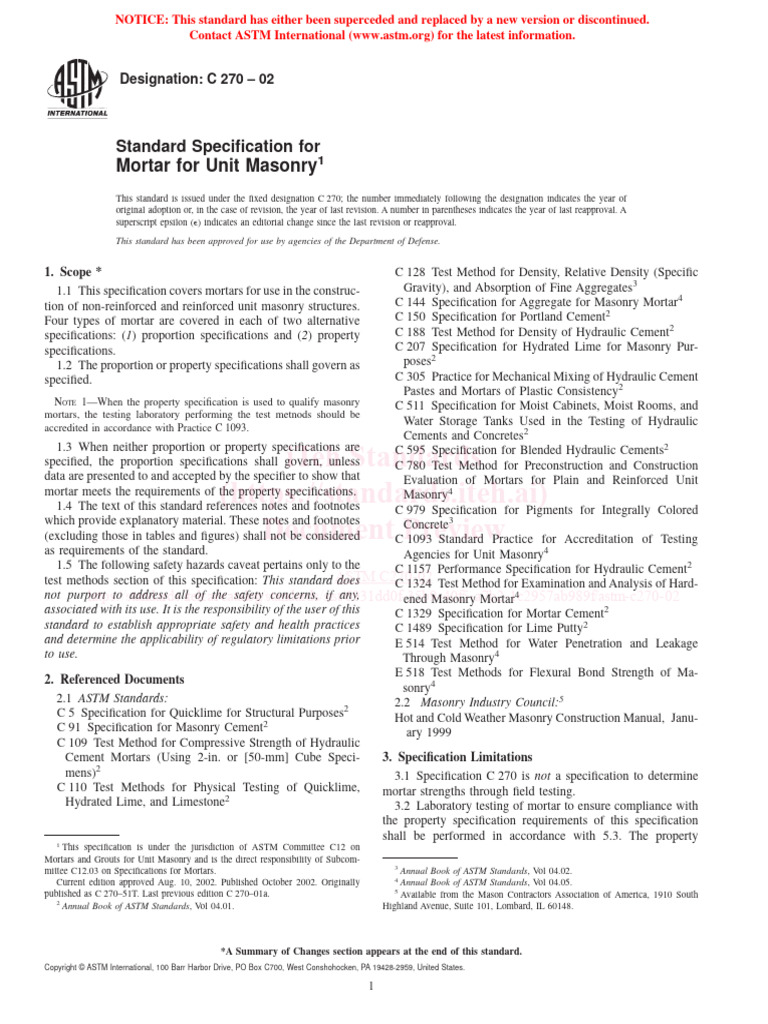 Astm C270 02 | PDF | Mortar (Masonry) | Lime (Material)
