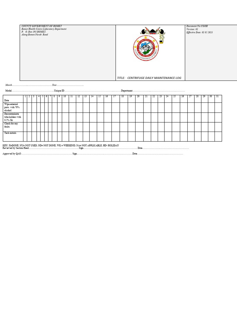 Centrifuge Maintenance Log Bomet Lab | PDF