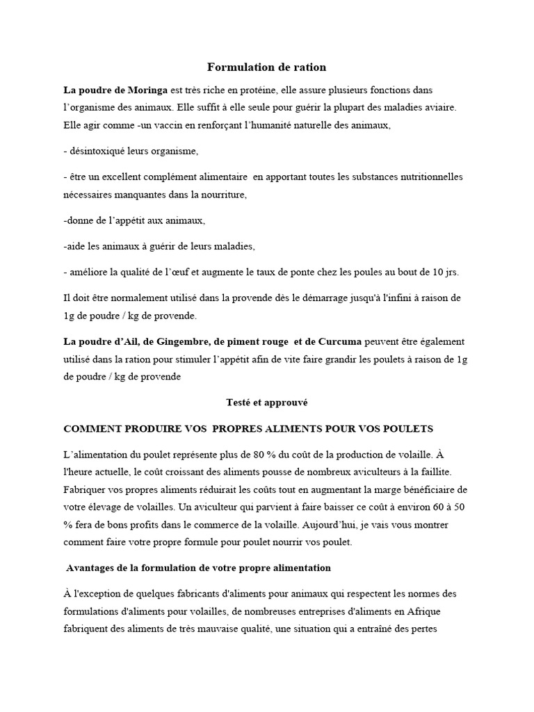 Formulation de Ration | PDF | Poulet | Nourritures