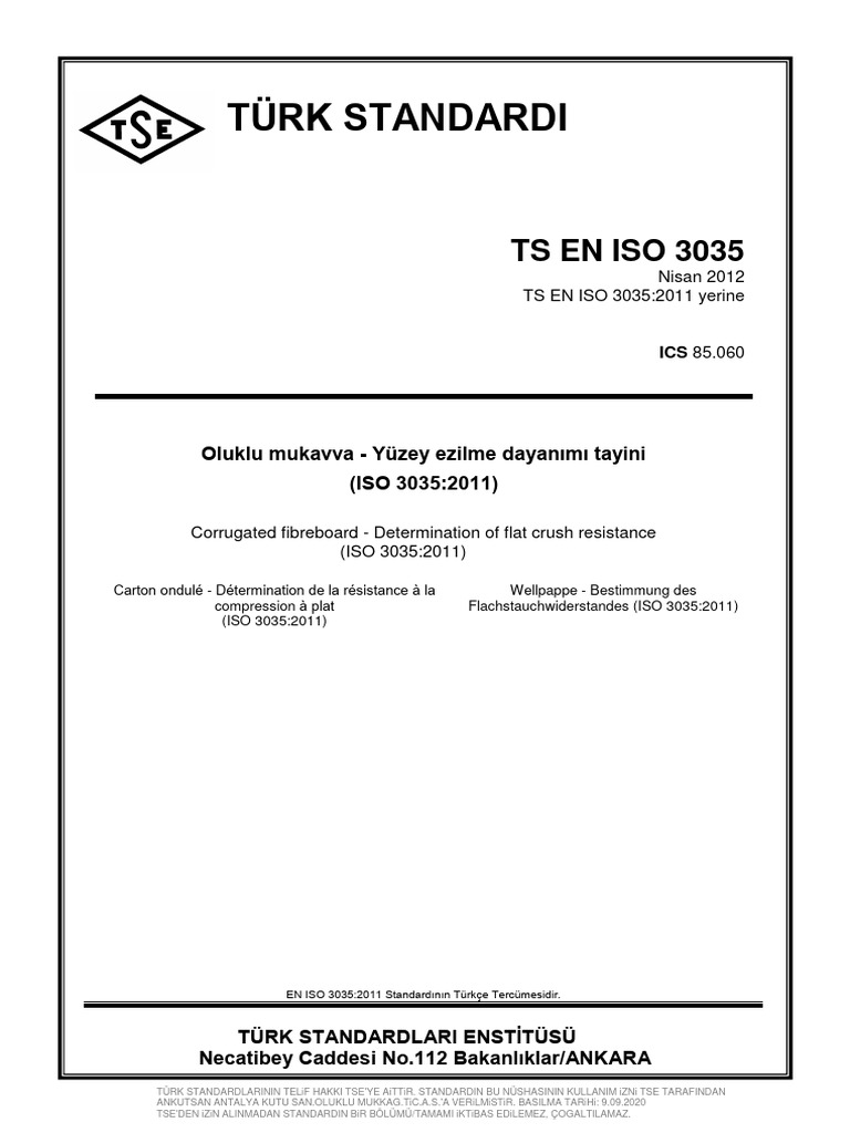FCT - TS - EN - ISO - 3035 Oluklu Mukavva - Yüzey Ezilme Dayanımı Tayini 2012.04.12 | PDF