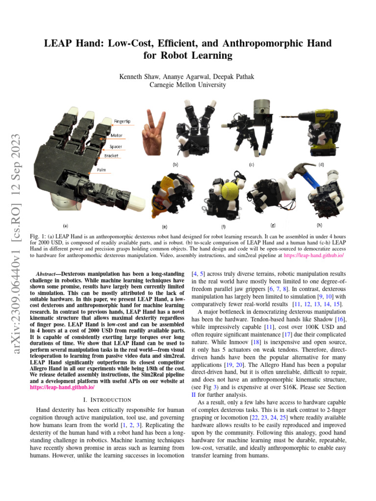 LEAP Hand: Low-Cost, Efficient, and Anthropomorphic Hand For Robot Learning | PDF | Anatomical ...