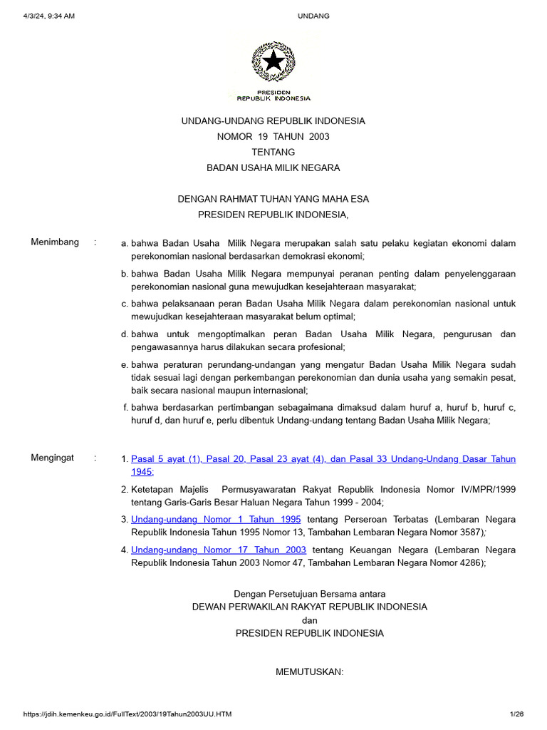 Undang-Undang Nomor 19 Tahun 2003 | PDF