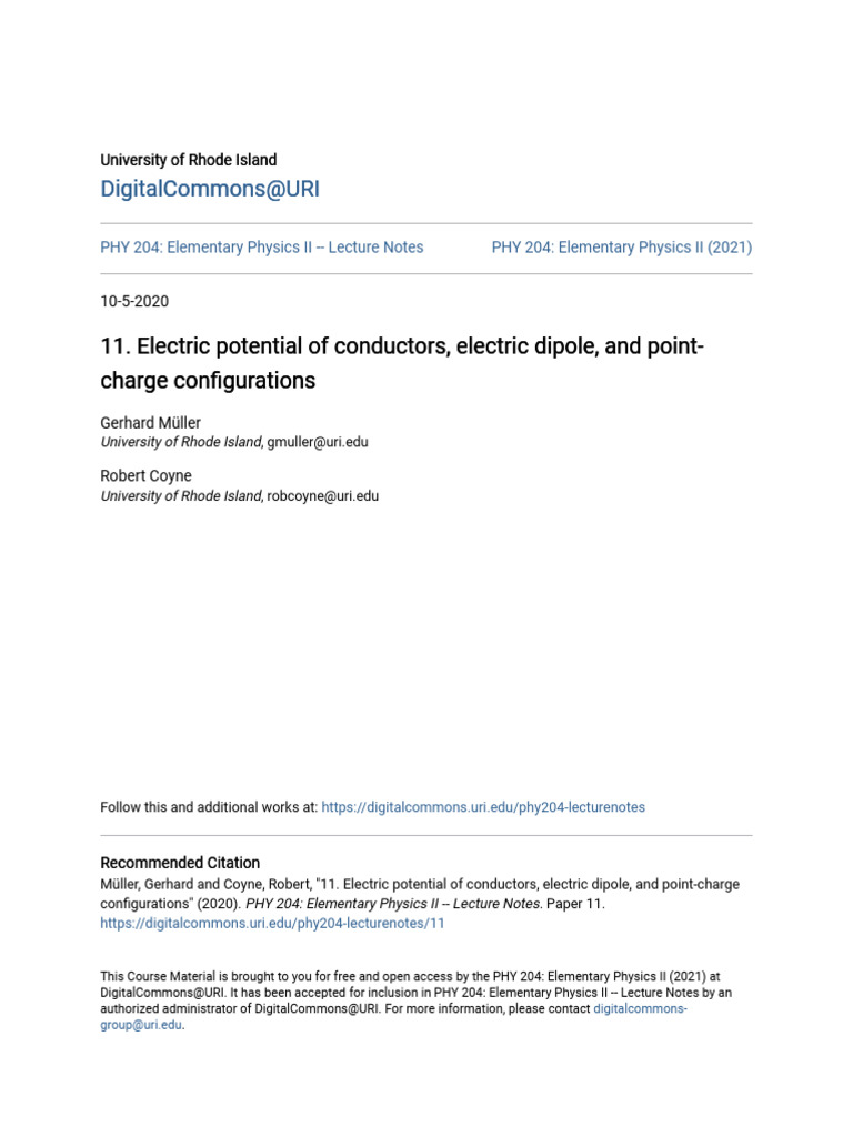 Electric Potential of Conductors Electric Dipole and Point | PDF | Physical Phenomena | Applied ...