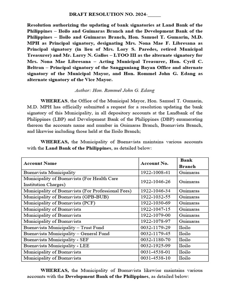 Draft Resolution - Updating of Bank Signatories | PDF | Institutional ...