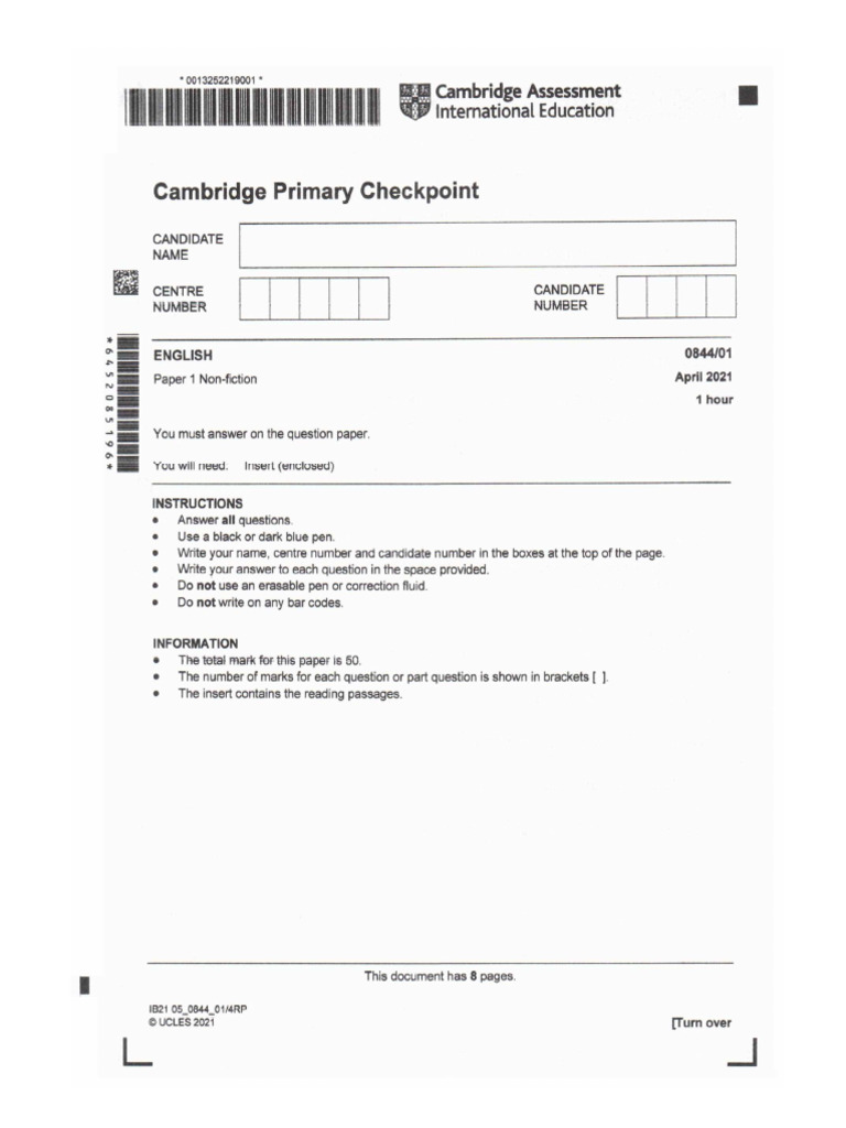 Cambridge Primary Checkpoint - English (0844) April 2021 Paper 1 ...