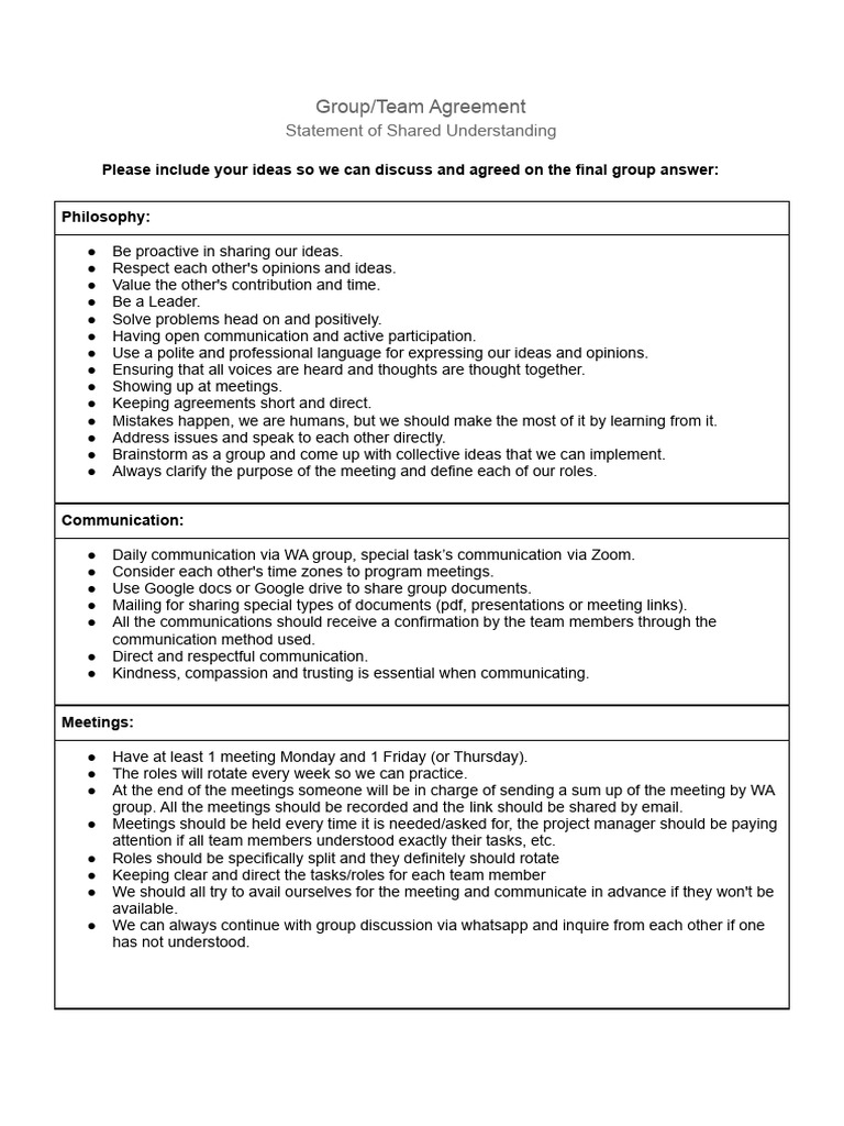 Team Agreement | PDF | Communication | Mediation