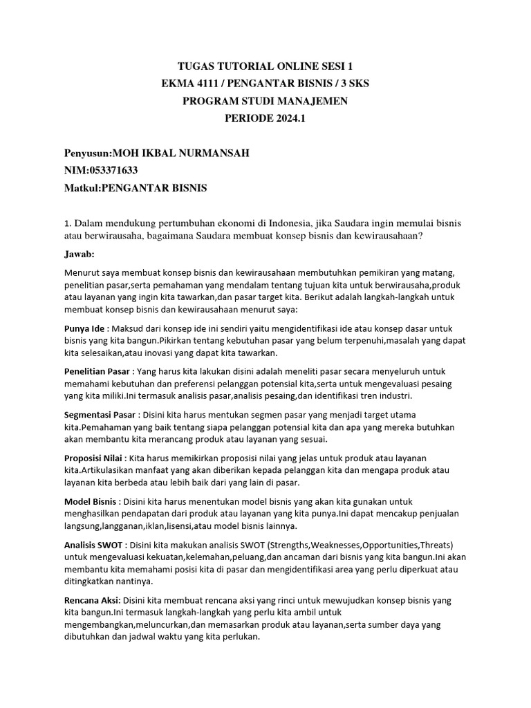 Tugas 1 Pengantar Bisnis, Moh Ikbal Nurmansah | PDF | Pengelolaan Keuangan & Uang
