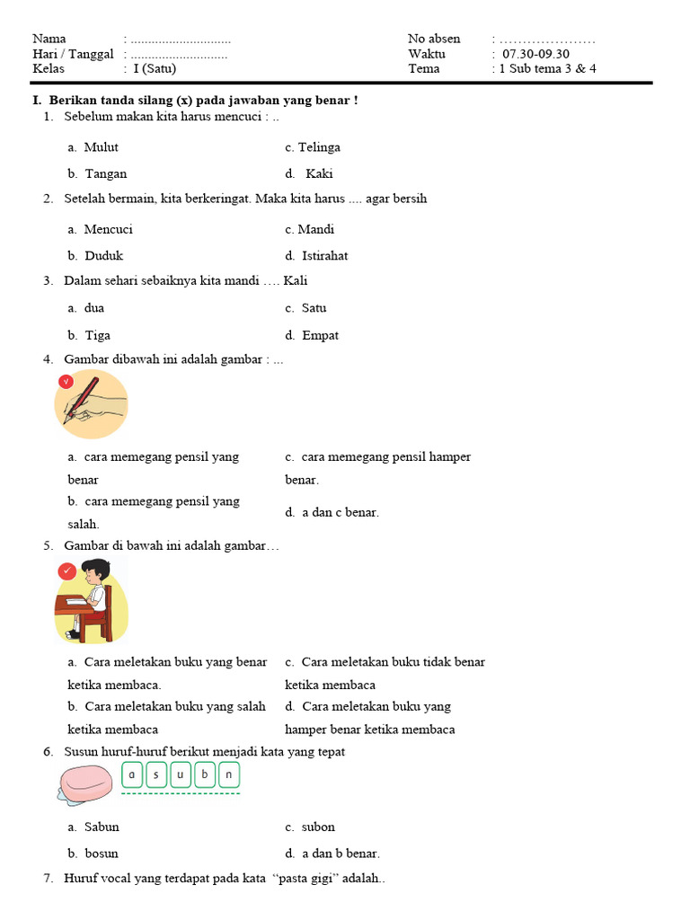 Soal PTS Kelas 1 Tema 1 Sub 3&4 | PDF
