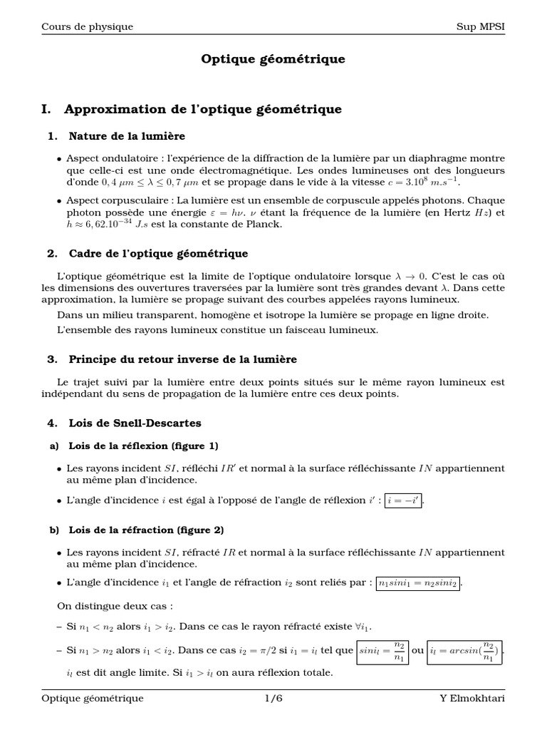 Cours d'Optique Géométrique MPSI | PDF | Lumière | Réfraction