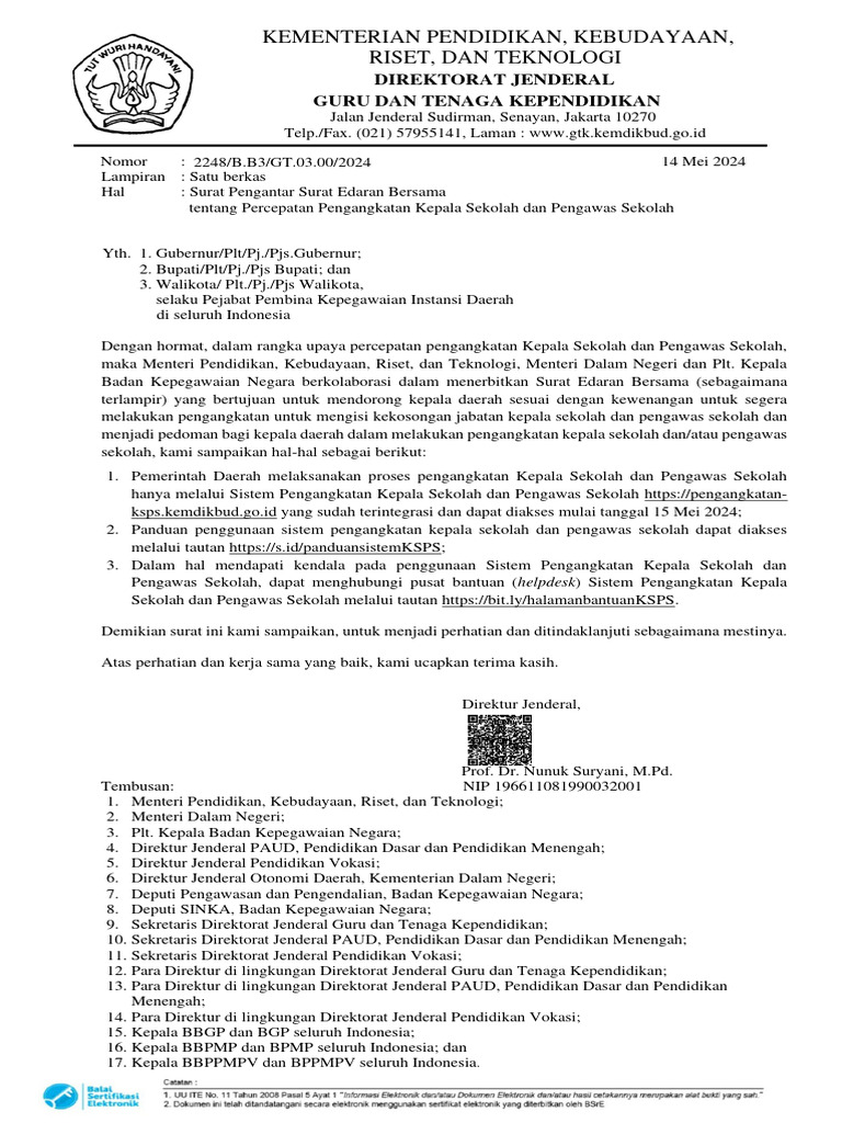 SEB 3 Menteri No 1 TH 2024 Tentang Percepatan Pengangkatan KSPS | PDF | Bisnis | Sains & Matematika