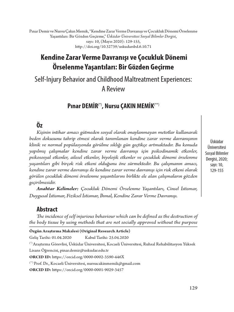 Kendine Zarar Verme Davran Ve Ocukluk D Nemi Rselenme Ya Ant Lar Bir G Zden Ge Irme (#714605 ...