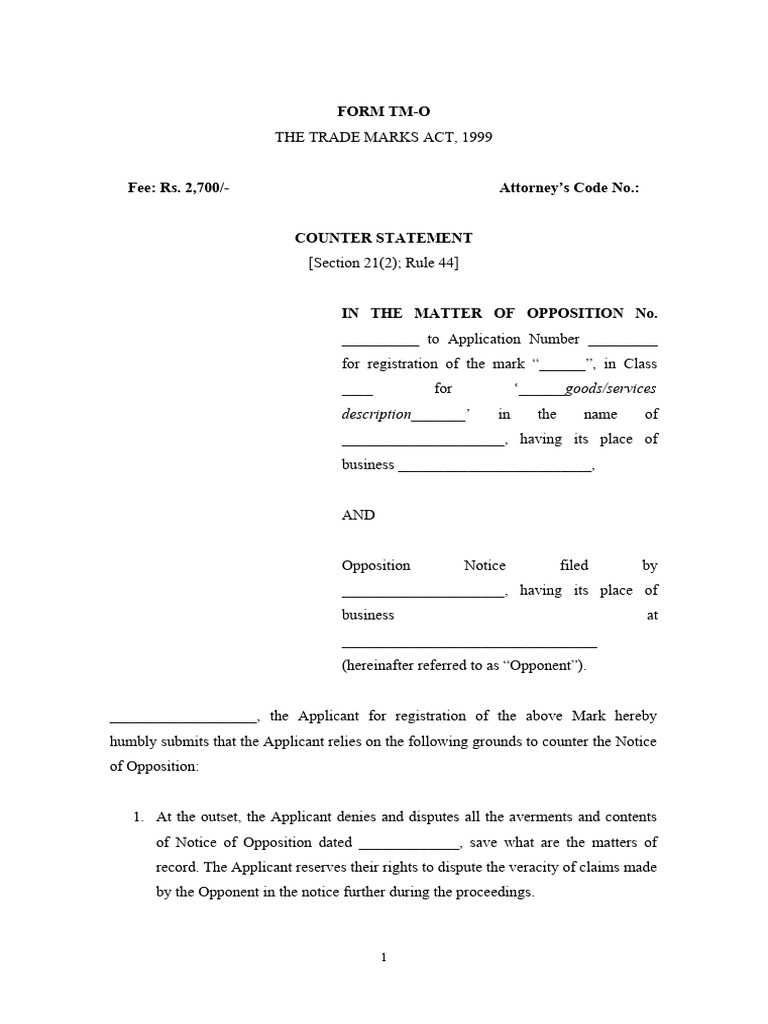 TMO - Counter Statement - Sample | PDF | Trademark | Common Law