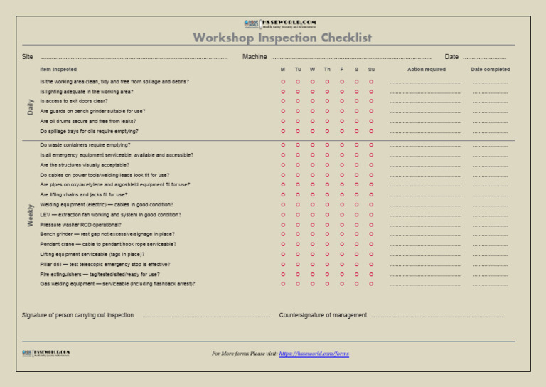 Workshop Safety Inspection Checklist | PDF | Industrial Processes
