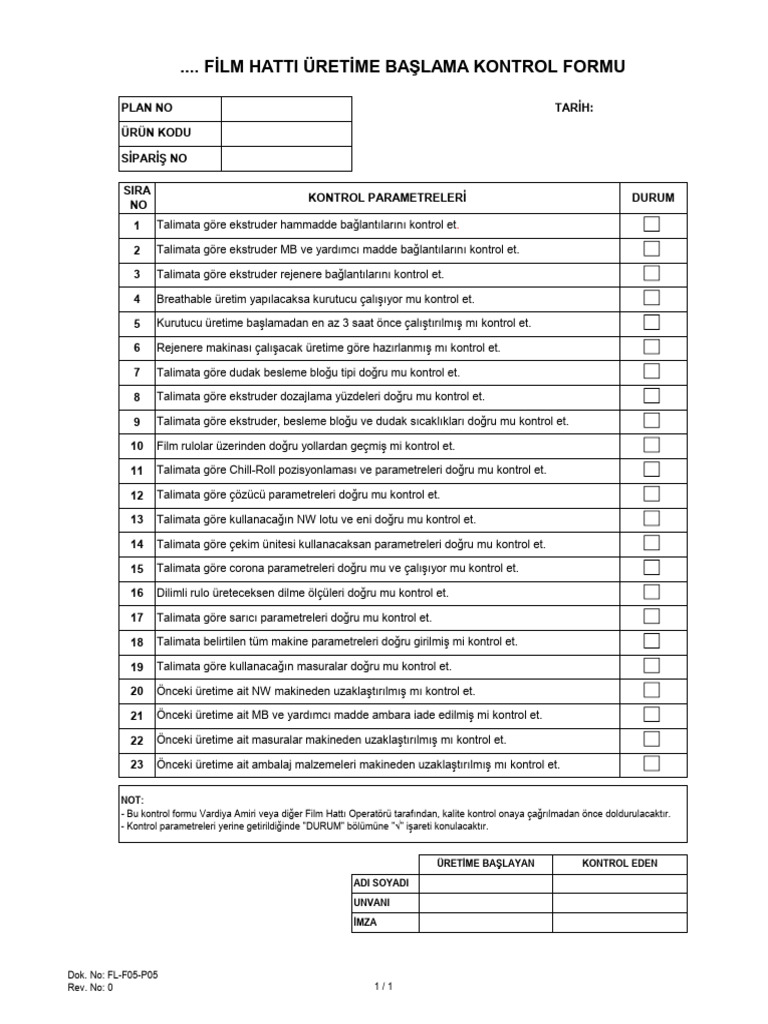 FL-F05-P05 Film Hattı Üretime Başlama Kontrol Formu Rev 0 | PDF