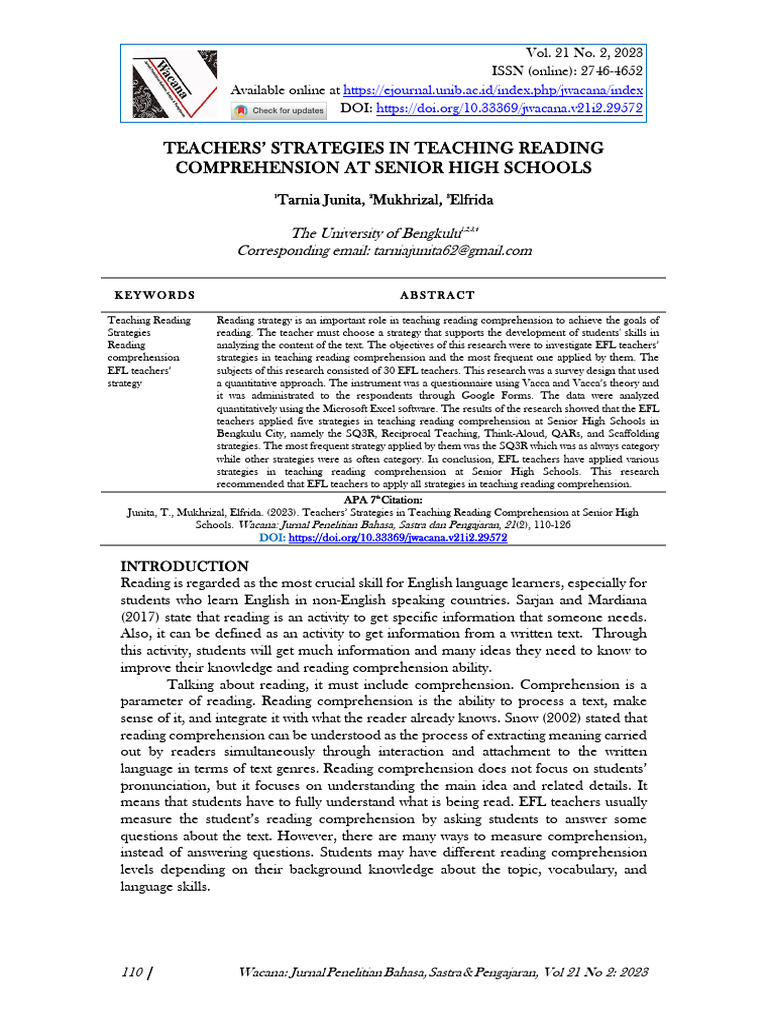 EFL Teachers' Reading Strategies in 2023 | PDF | Reading Comprehension ...
