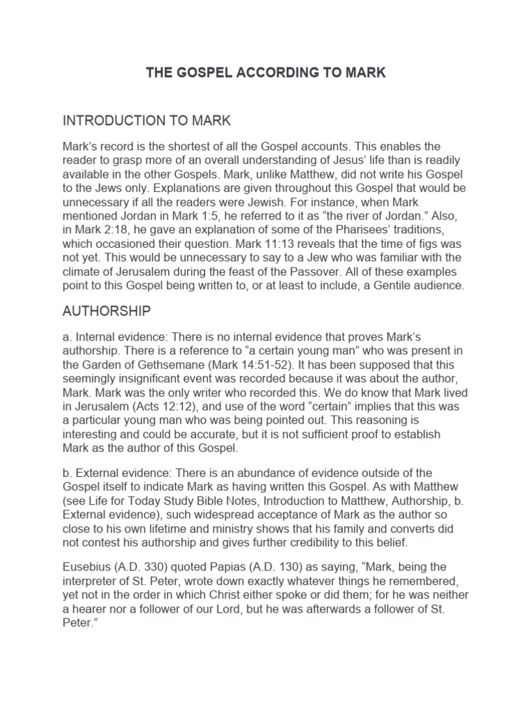 The Gospel According To Mark | PDF | Gospel Of Mark | Jesus