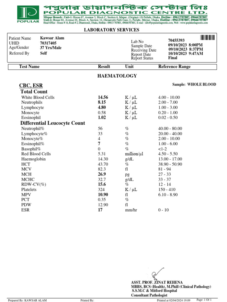 Lab Result | PDF | White Blood Cell | Immunology
