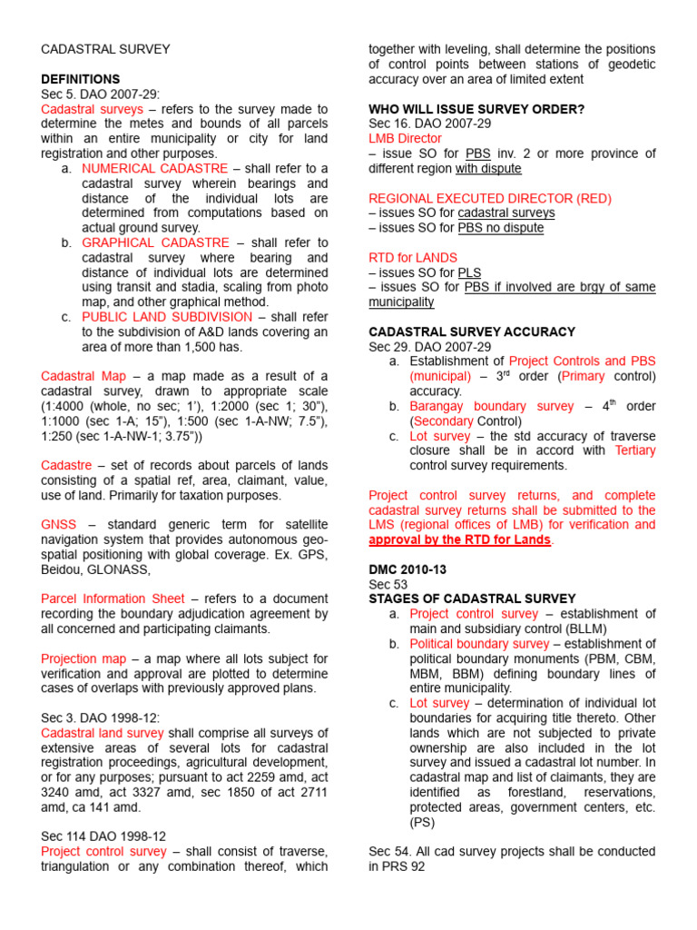 CADASTRAL SURVEYsummary | PDF | Surveying | Geographical Technology