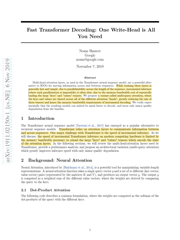 Fast Transformer Decoding - One Write-Head Is All You Need | PDF | Applied Mathematics
