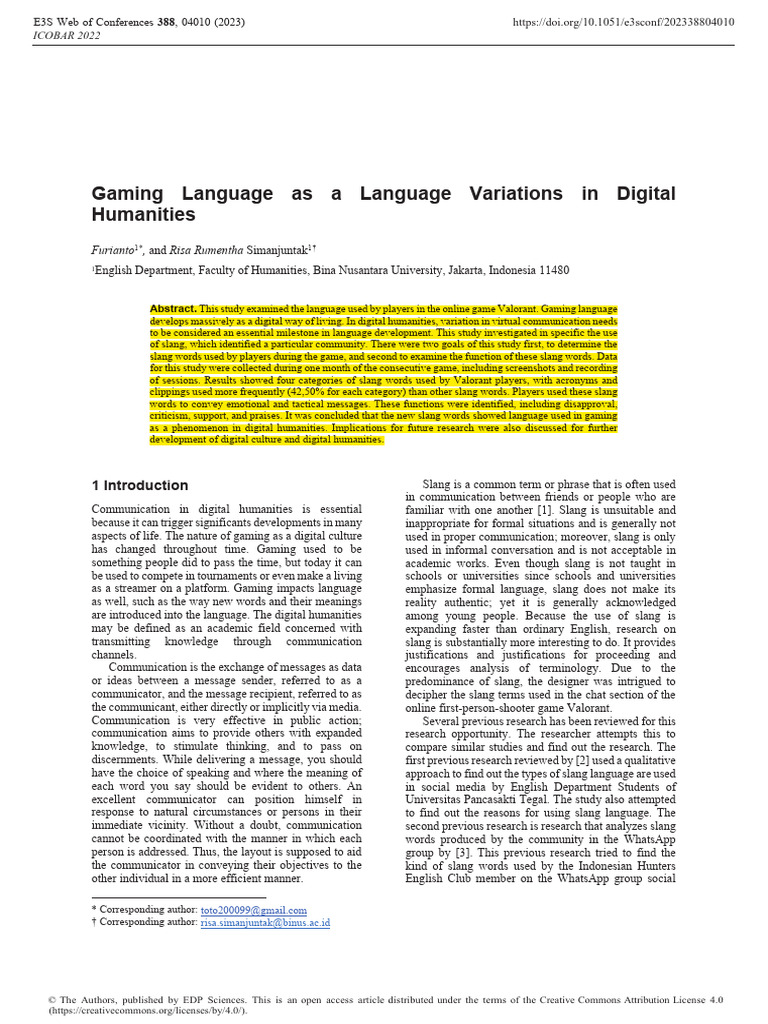 Gaming Language As A Language Variations in Digital Humanities | PDF | Word | Slang