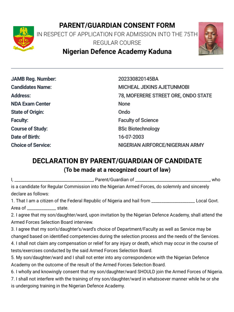 NDA Parent Consent Form for Admission | PDF | Justice | Crime & Violence
