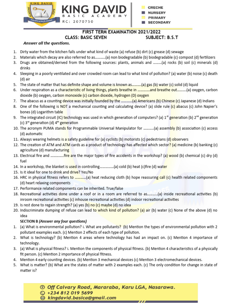 Answer All The Questions.: First Term Examination 2021/2022 Class: Basic Seven Subject: B.S.T ...