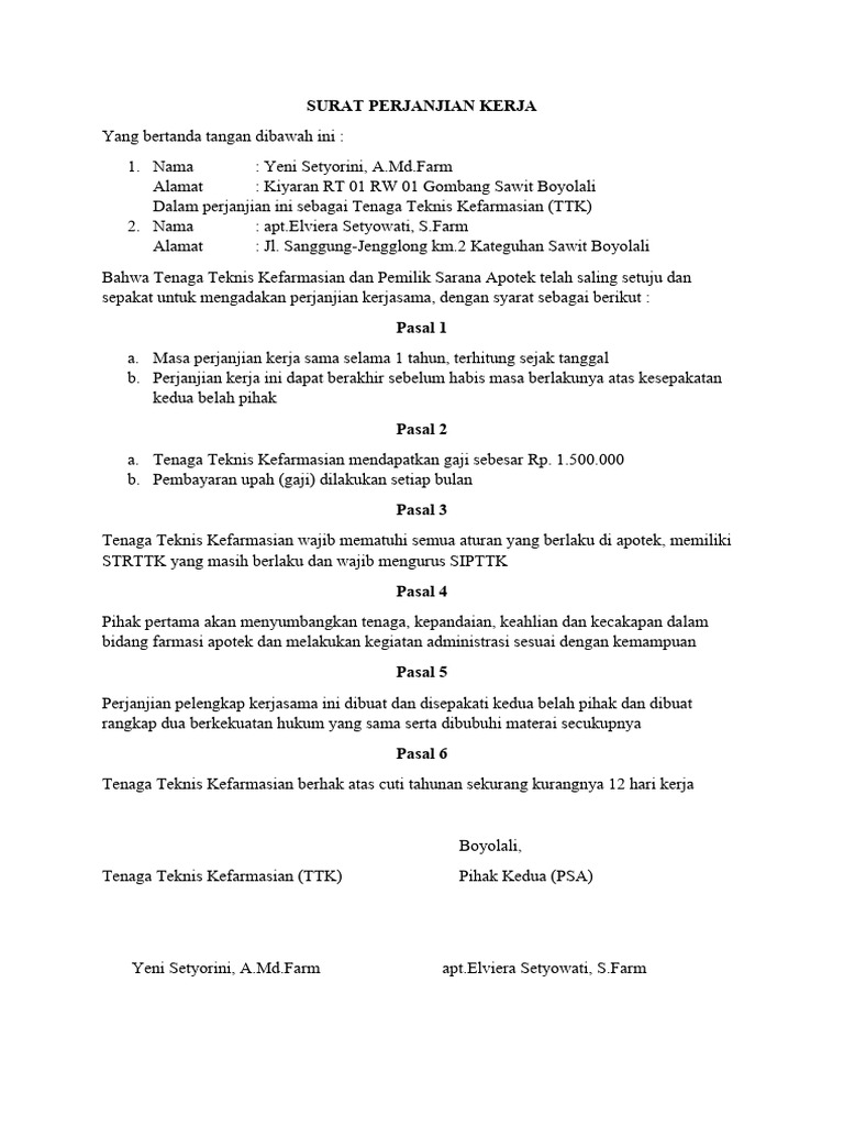 SURAT PERJANJIAN KERJA Apt Zidane Farma | PDF