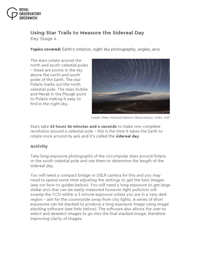 Using Star Trails To Measure Sidereal Day | PDF | Imaging | Astronomy