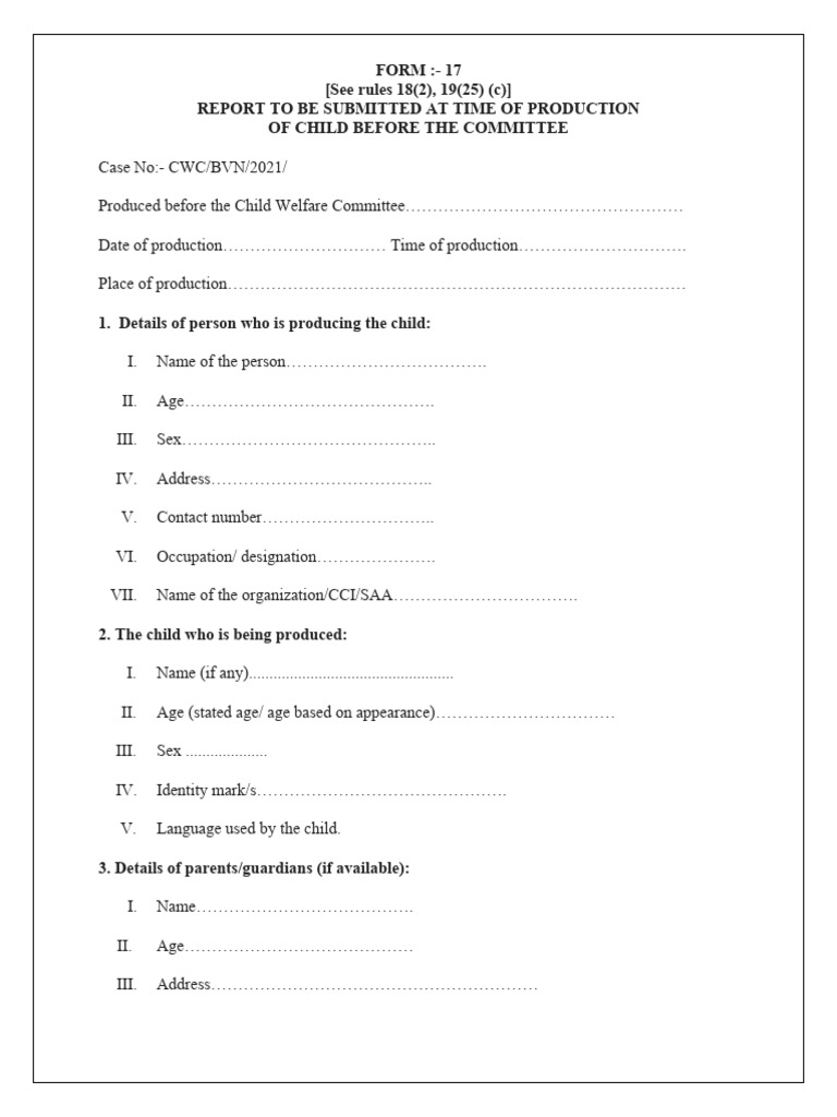 CWC Form 17: Child Production Report | PDF | Child Welfare | Social ...