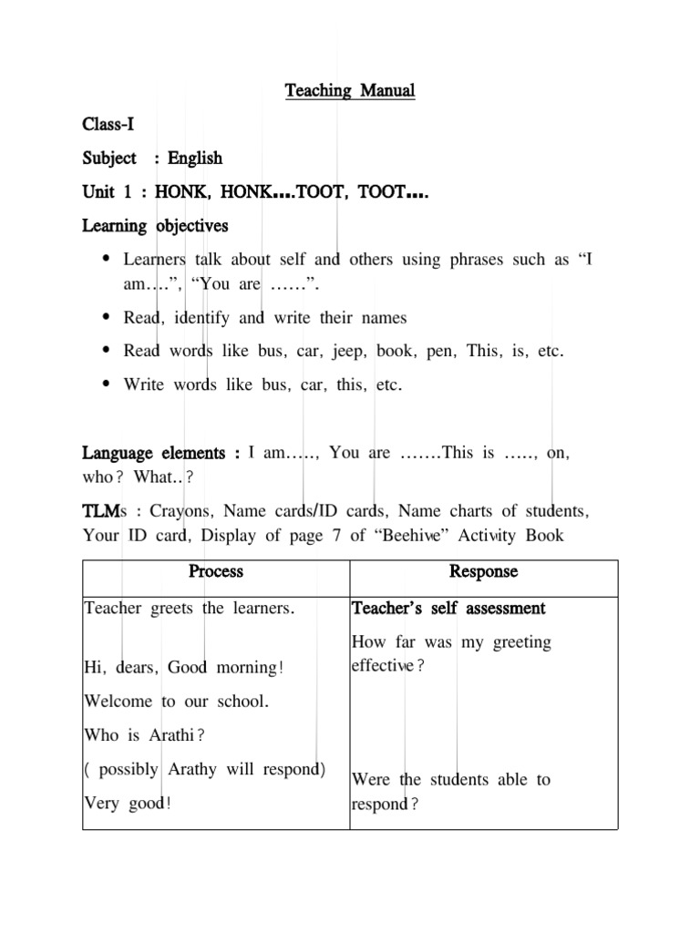 Samagra Teaching Manual: Class 1 English | PDF | Human Communication ...