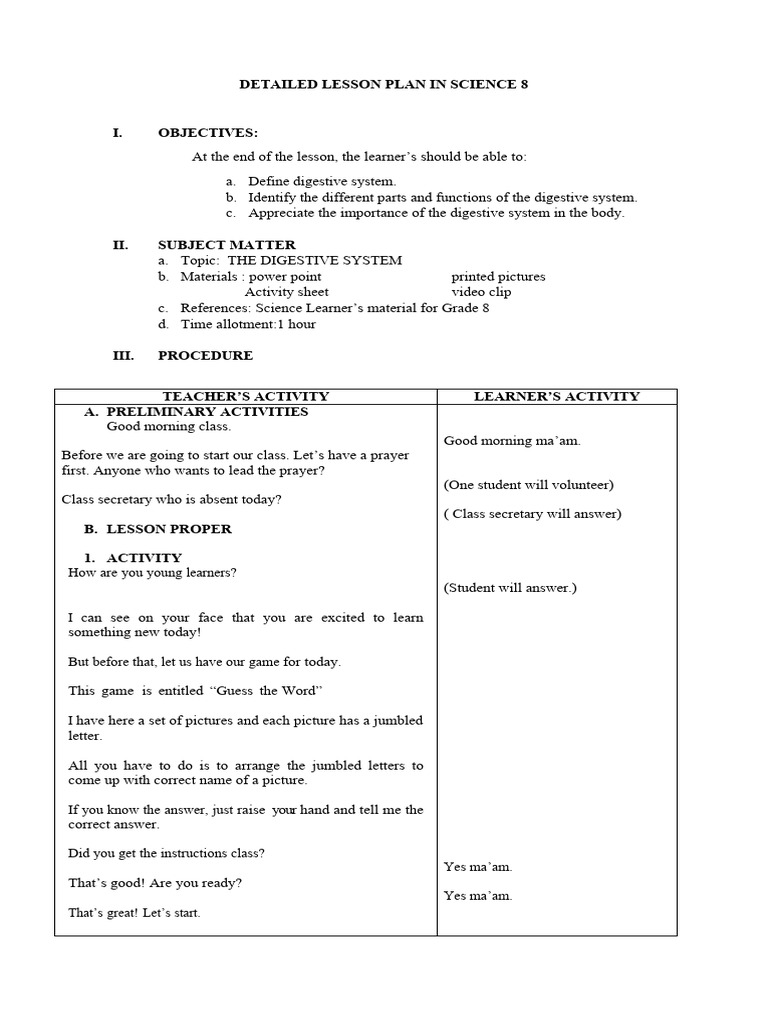 Detailed Lesson Plan The Digestive System | PDF | Digestion | Human ...