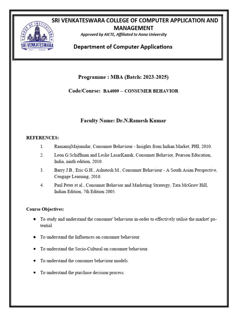 CONSUMER BEHAVIOUR Lesson Plan | PDF | Behavior | Consumer Behaviour