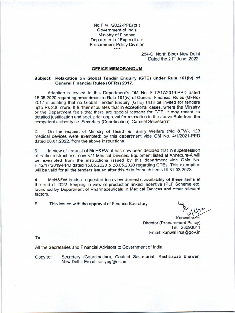 Relaxation On Global Tender Enquiry (GTE) Under Rule 161 (Iv) of ...