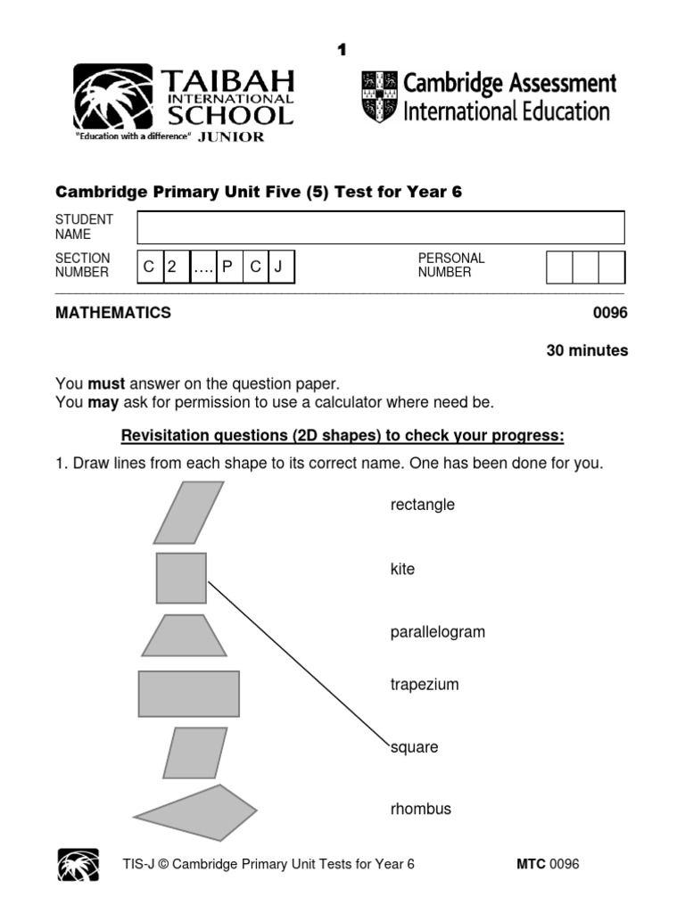 Yr 6 Unit 5 Test (2D Shapes) | PDF | Rectangle | Geometry