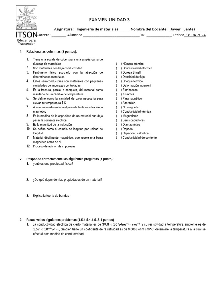 Examen Uni 3 Ing Mat | PDF | Semiconductores | Magnetismo