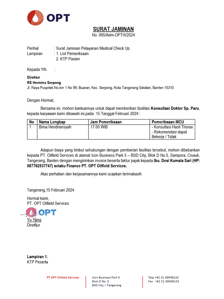Surat Jaminan - Konsultasi Hasil MCU - Bima Hendriansyah | PDF