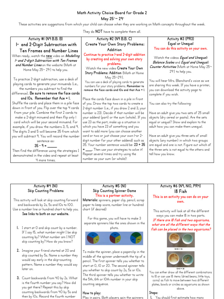 Math Activity Choice Board For Grade 2 - May 25th | PDF | Subtraction