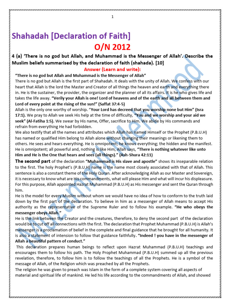 Shahadah (Declaration of Faith) | PDF | Prophets And Messengers In ...