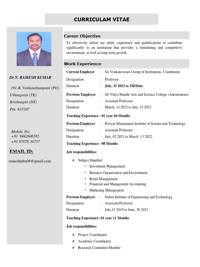 Dr.N.Ramesh Kumar - CV | PDF | Retail | Business