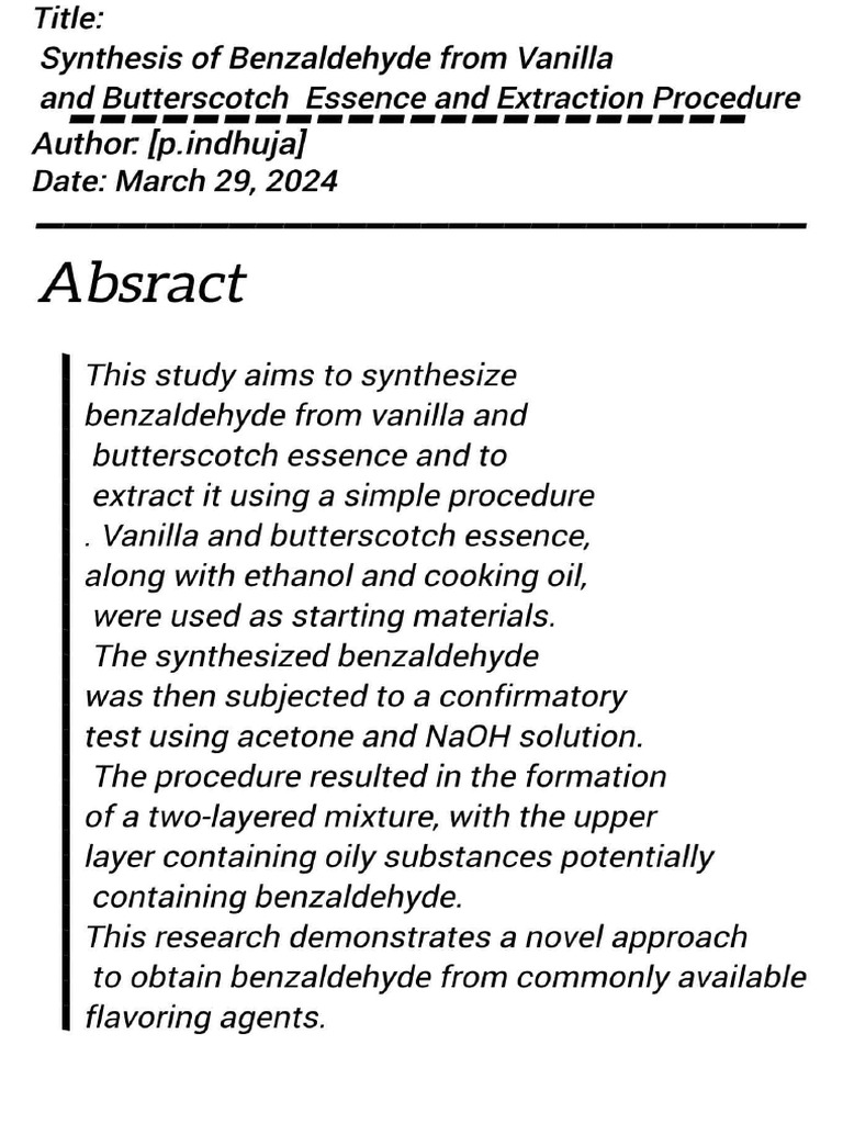 Synthesis of Benzaldehyde From From Vanilla and Butterscotch Essence | PDF