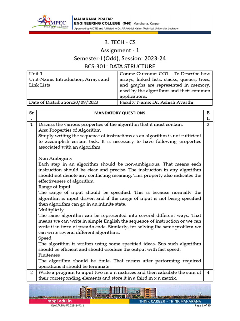 CS A1 BCS301 AshishAvasthiAnswer | PDF | Data Type | Pointer (Computer ...
