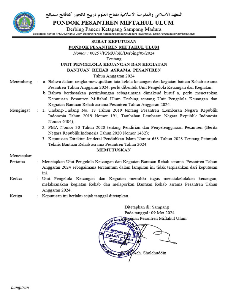 SK Rehab Unit Pengelola Keuangan Dan Kegiatan Pembangunan Asrama Pesantren | PDF