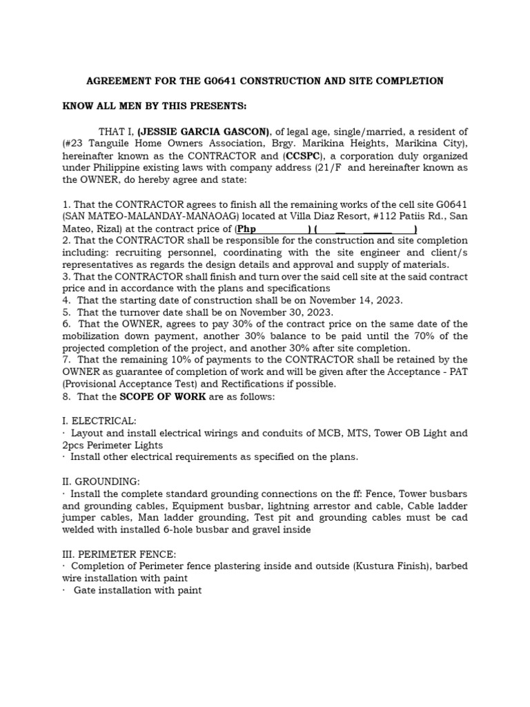 Agreement For The Site Completion of g0641 | PDF | Electrical Engineering