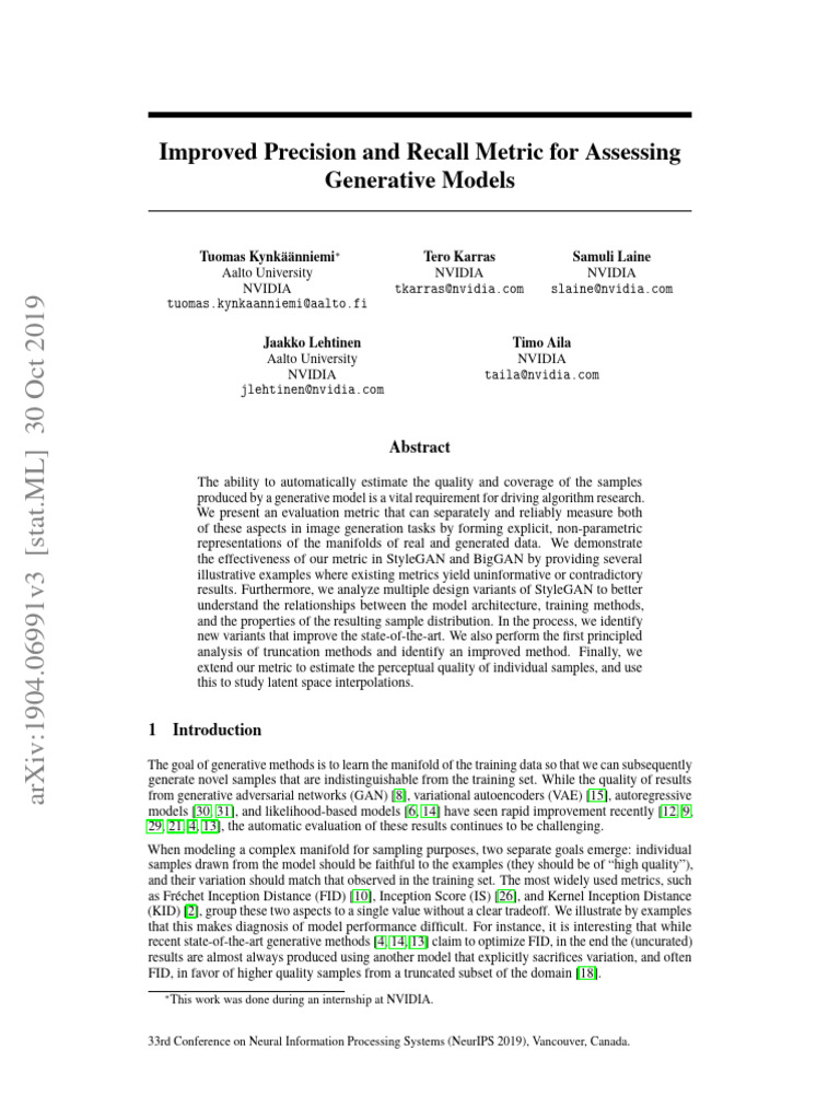 Improved Precision and Recall Metric For Assessing Generative Models | PDF | Probability ...