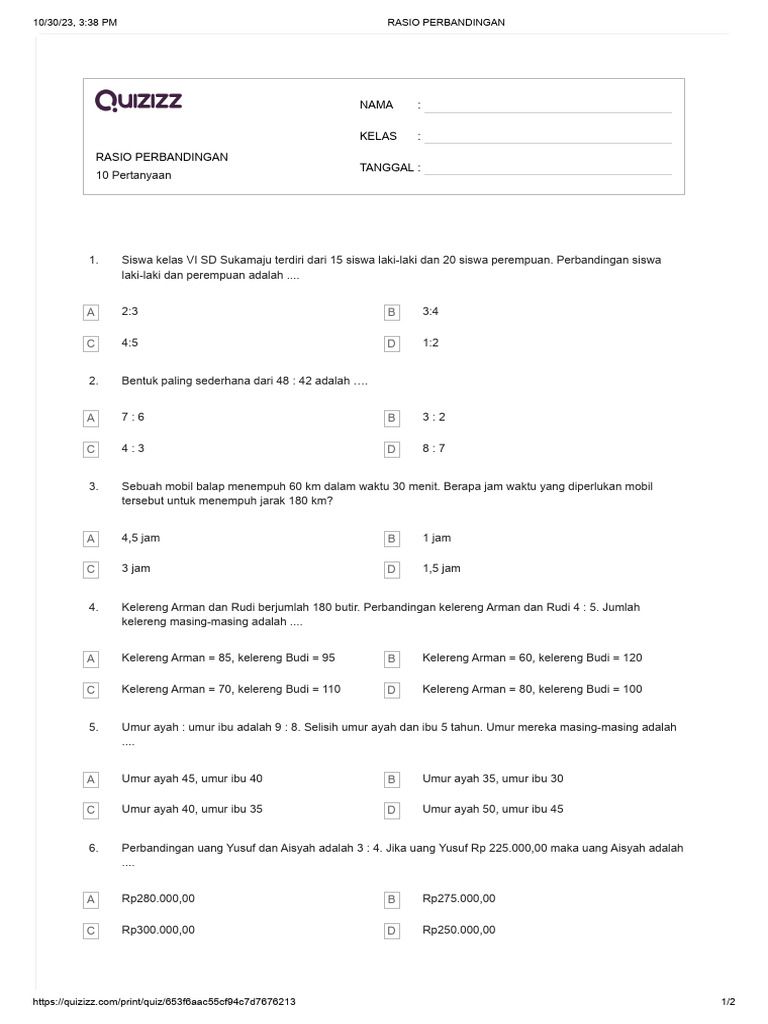 Soal Rasio Perbandingan Matematika SD | PDF
