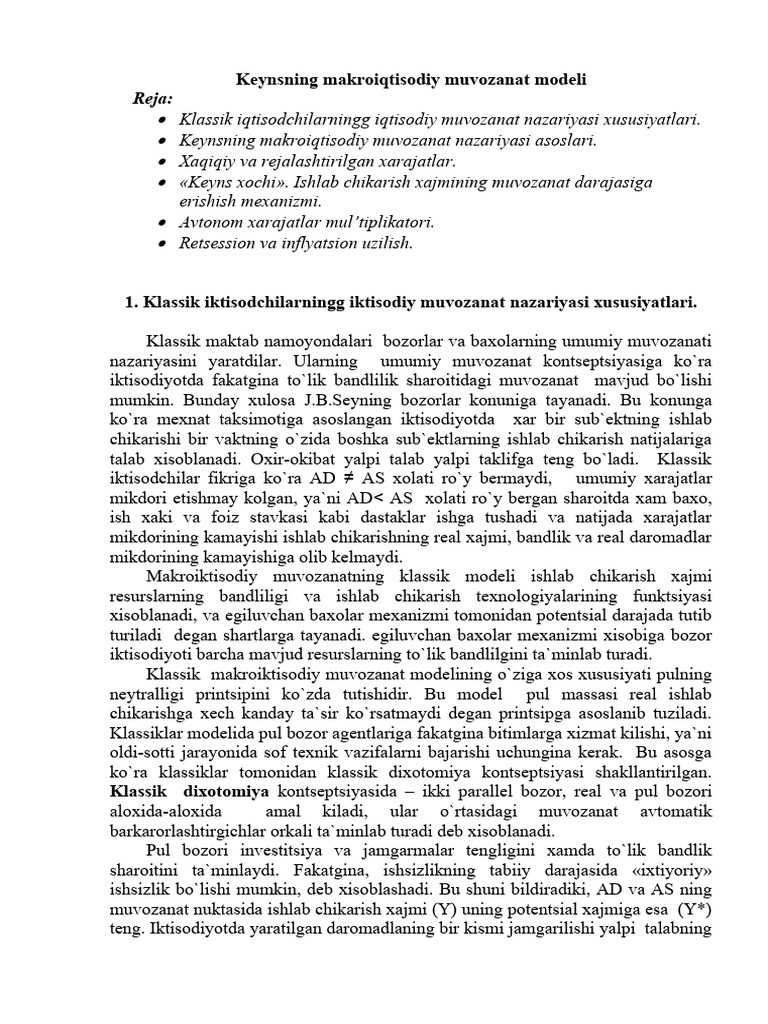 Keynsning Makroiqtisodiy Muvozanat Modeli | PDF