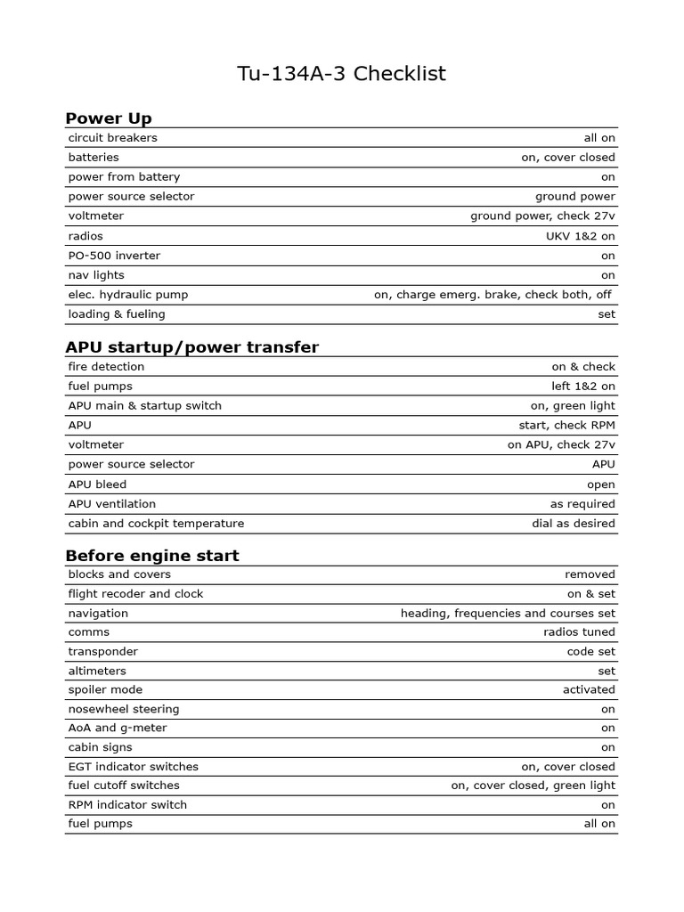 Tu-134A-3 Checklist: Power Up | PDF | Landing Gear | Engines